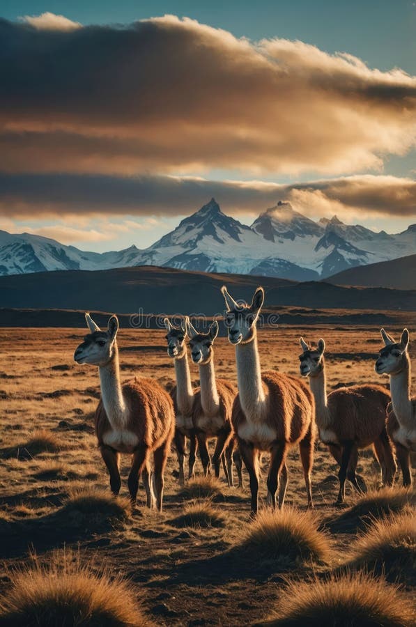 Majestic Guanacos at Sunset in the Andes Mountains Stock Illustration ...