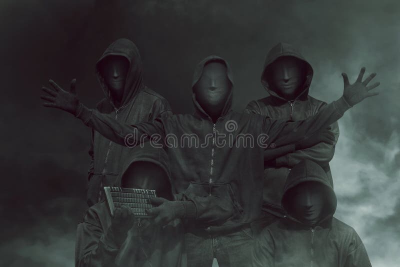 Group of Hooded Hacker with Mask Standing Stock Photo - Image of coding ...