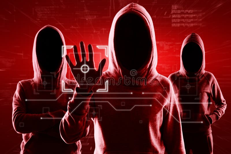Group of Hackers Standing on Abstract Red Background and Using Digital ...
