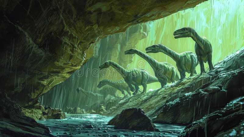 A Group of Hadrosaurs Taking Shelter from a Storm in a Deep Cavernous ...