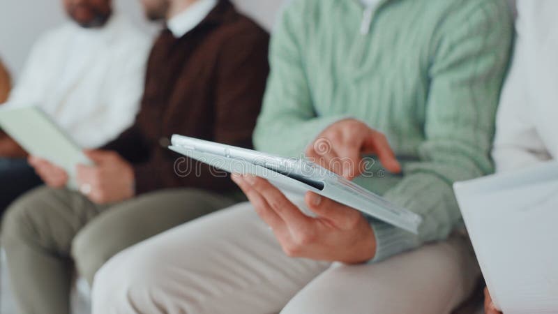 Group, Hands and Applicant with Tablet, Waiting Room and Practice for ...