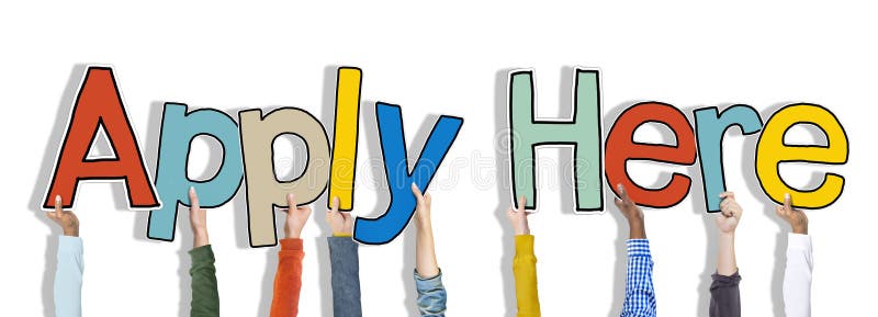 Group of Hands Holding Apply Here Word Stock Image - Image of raised ...
