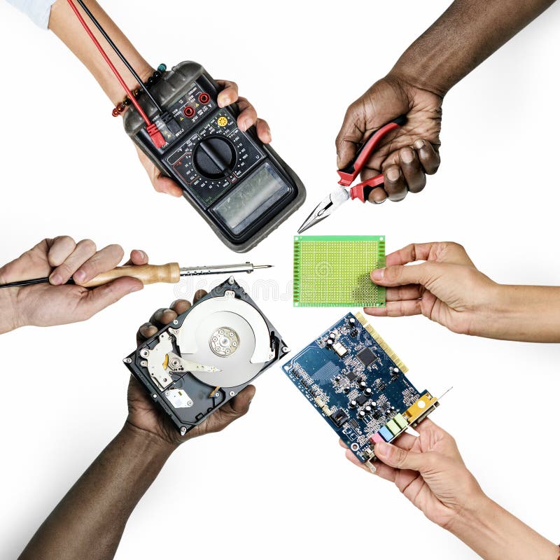 Group of Hands Holding Computer Electronics Parts on White Stock Image ...