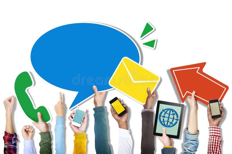 Group of Hands Holding Digital Devices with Global Communication Stock ...