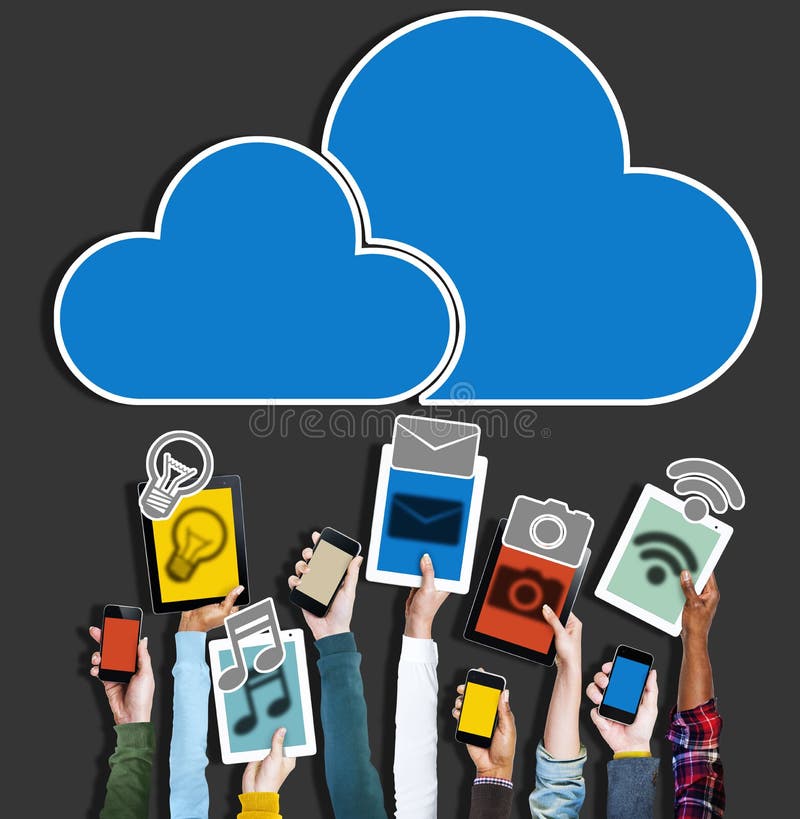 Group of Hands Holding Digital Devices with Symbols Stock Illustration ...