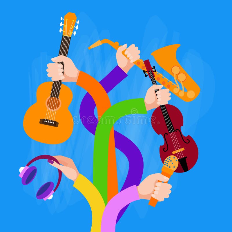 Group Hands Holding Musical Instruments Stock Vector - Illustration of ...