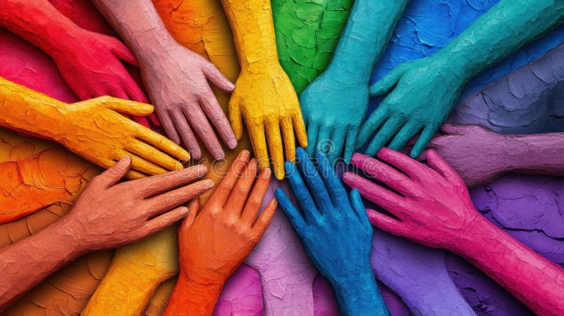 A Group of Hands Painted in Different Colors are All Touching Each ...