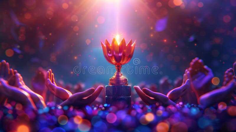 Group of Hands Proudly Holds a Trophy Aloft in Front of a Cheering ...