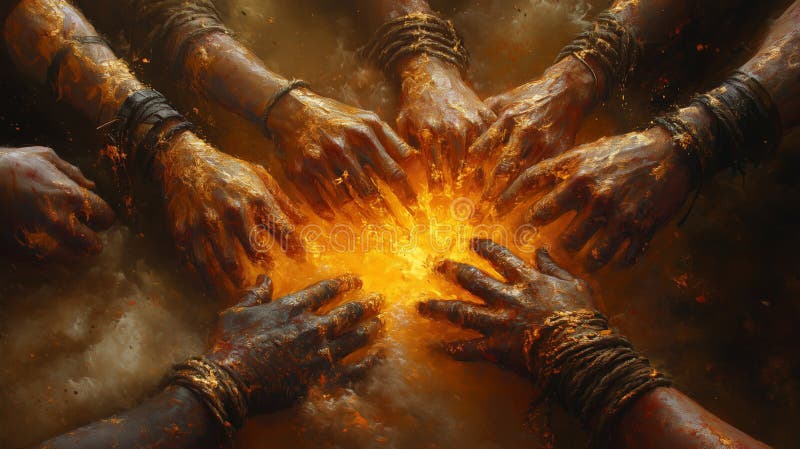 Group of Hands Reaching Toward Glowing Fire in a Symbolic Unity Stock ...