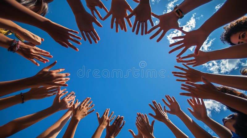 Group of Hands Reaching Towards the Sky in a Circle of Unity Stock ...