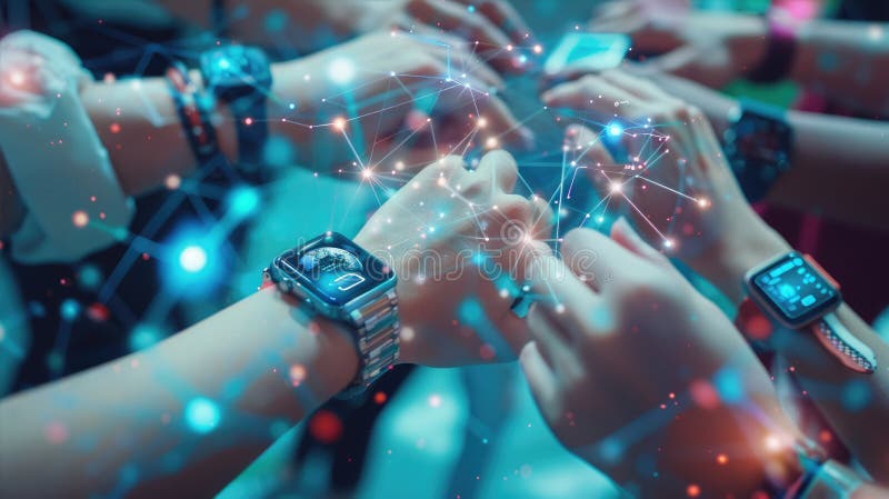 Group of Hands with Smartwatches Connected Digitally Stock Image ...