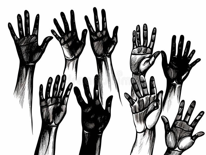 A Group of Hands with Their Hands Raised - a Vector Drawing Represents ...