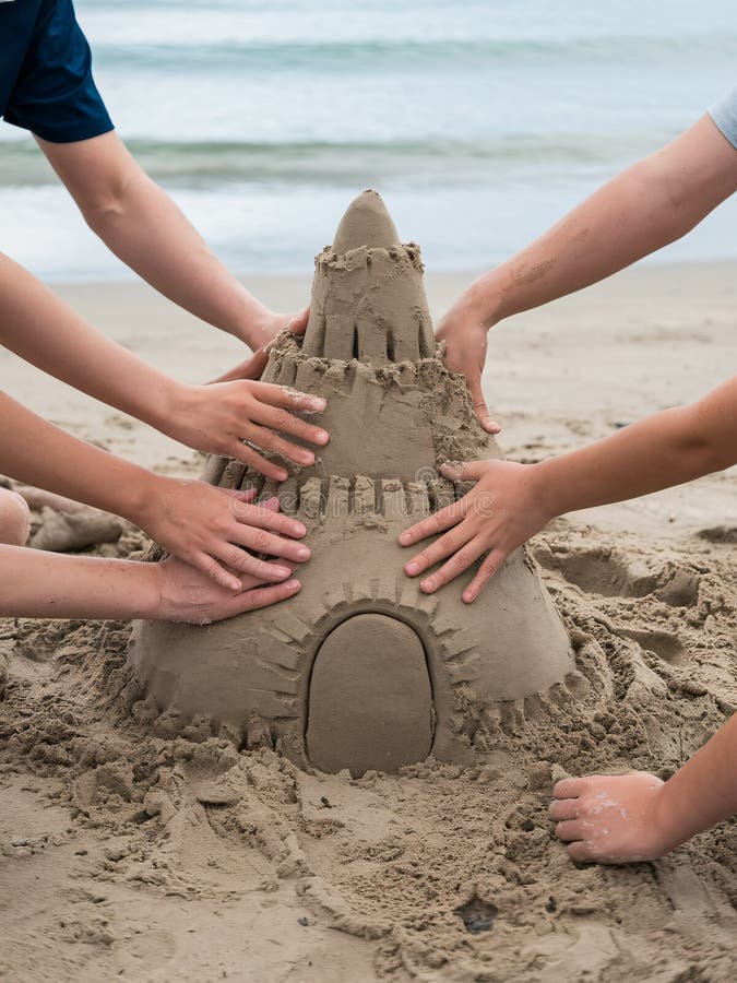 Group Building Sandcastle Together on Beach Shore Stock Illustration ...