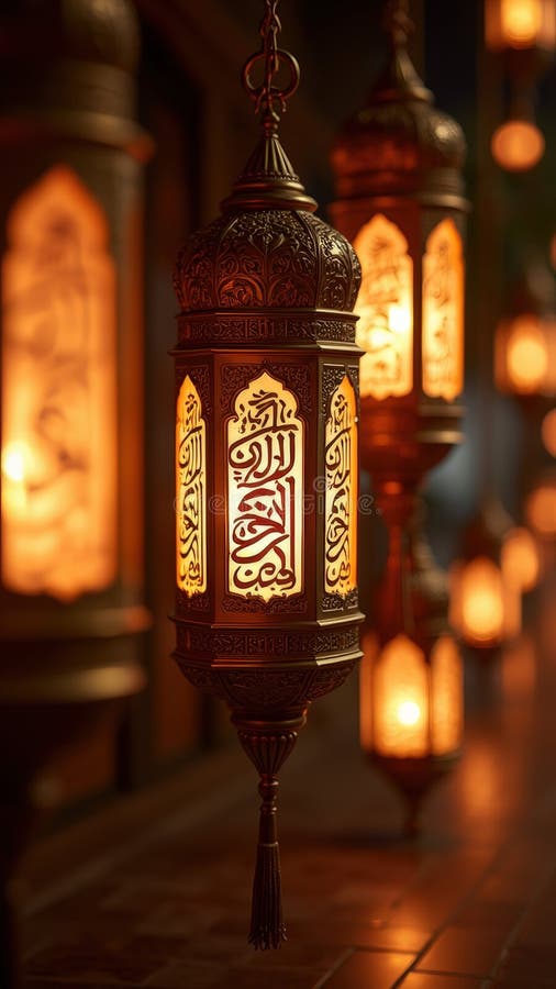 Islamic Lanterns and Arabic Calligraphy in Warm Light Stock ...