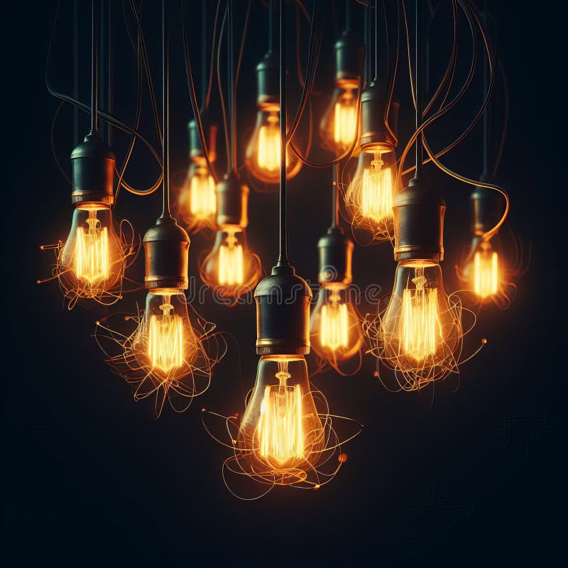 Group of Hanging Light Bulbs Glowing Stock Photo - Image of generated ...
