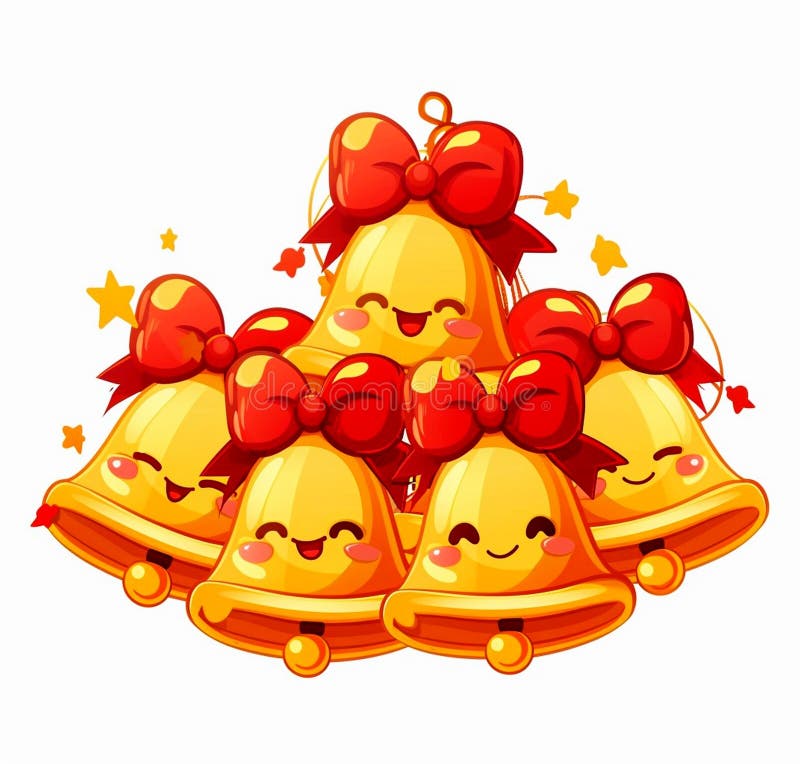 Group of Happy Bells with a Red Bow in Cartoon Style on a White ...