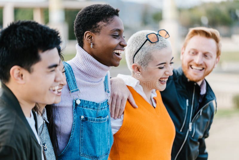 Group Of Happy Best Multiracial Friends Hugging Together Each Other