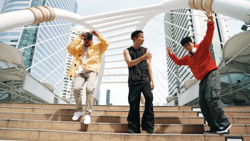 Group of Happy Break Dancer Walk Down Stair while Dancing Together ...
