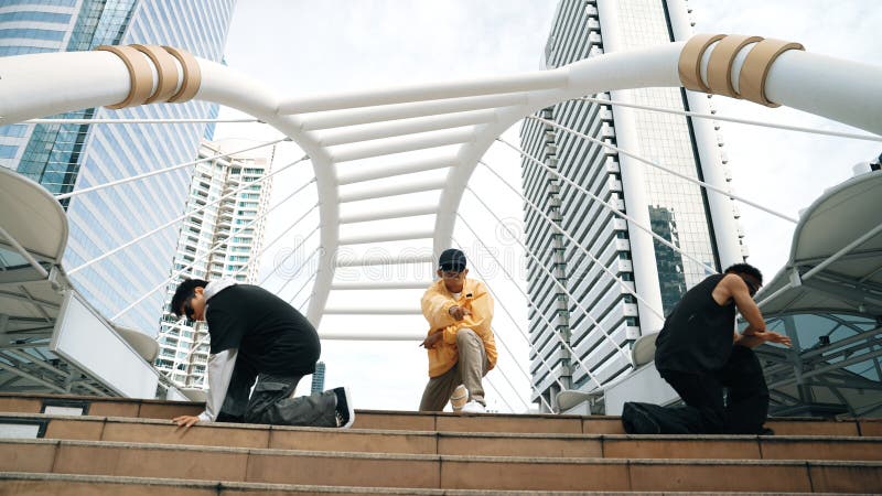 Group of Happy Break Dancer Walk Down Stair while Dancing Together ...