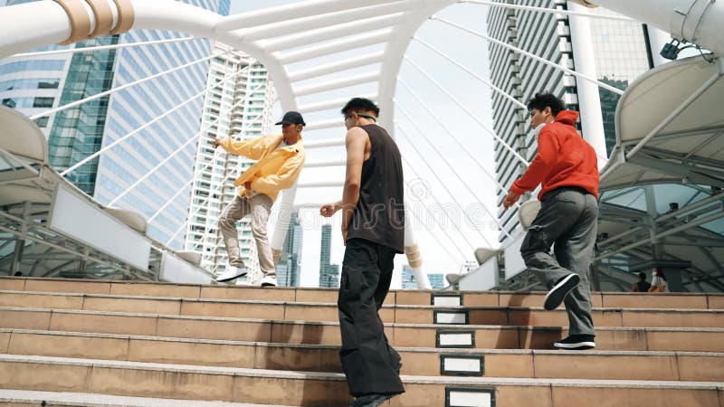 Group of Happy Break Dancer Walk Down Stair while Dancing Together ...