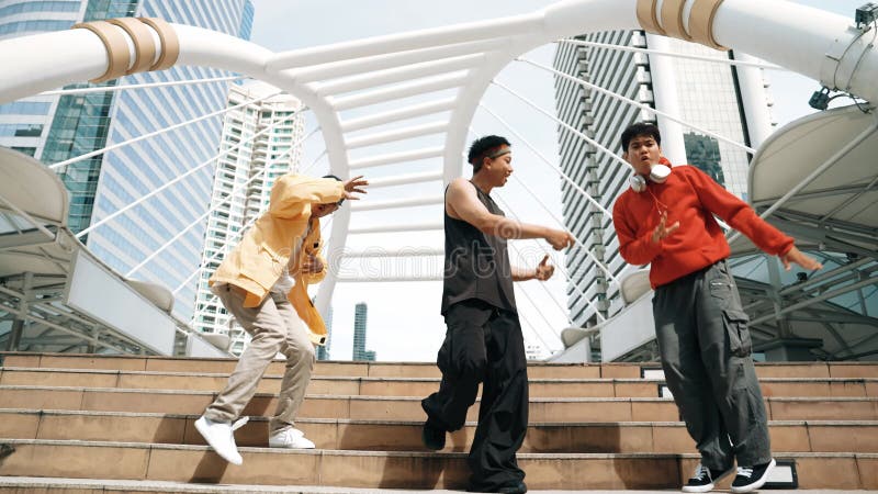 Group of Happy Break Dancer Walk Down Stair while Dancing Together ...