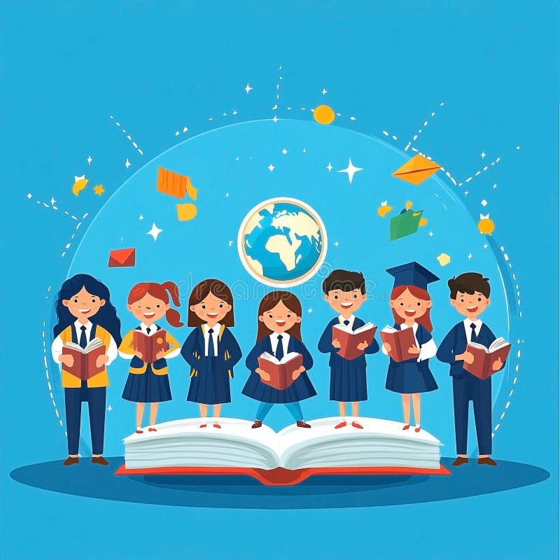 Students on a Journey of Knowledge and Education Standing on a Giant ...