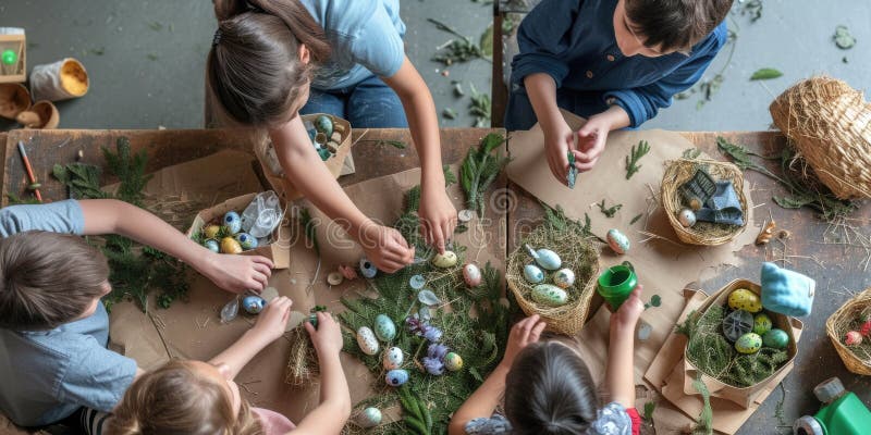 Happy Children at a Table Sharing Easter Eggs, Having Fun and Smiling ...