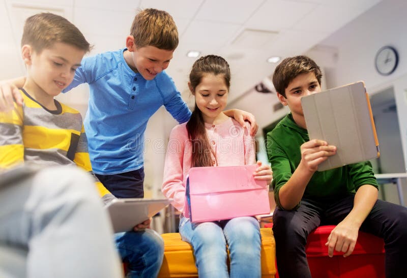 Group of Happy Children with Tablet Pc at School Stock Photo - Image of ...