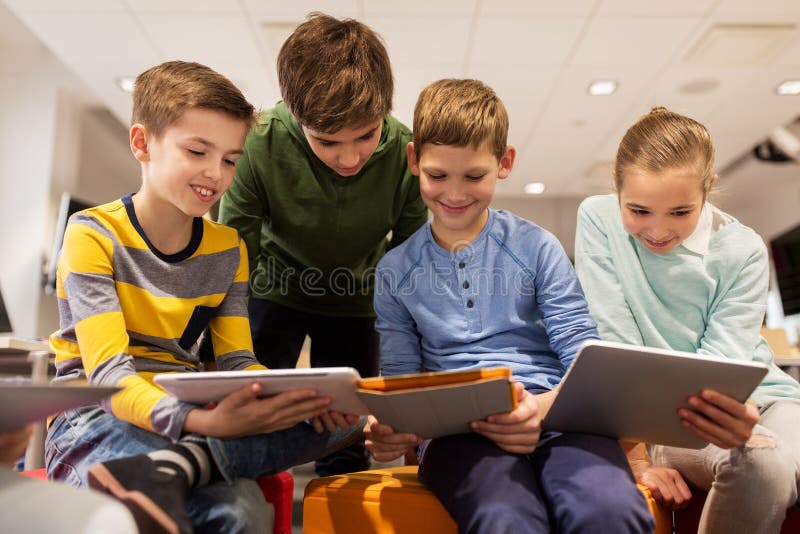 Group of Happy Children with Tablet Pc at School Stock Image - Image of ...