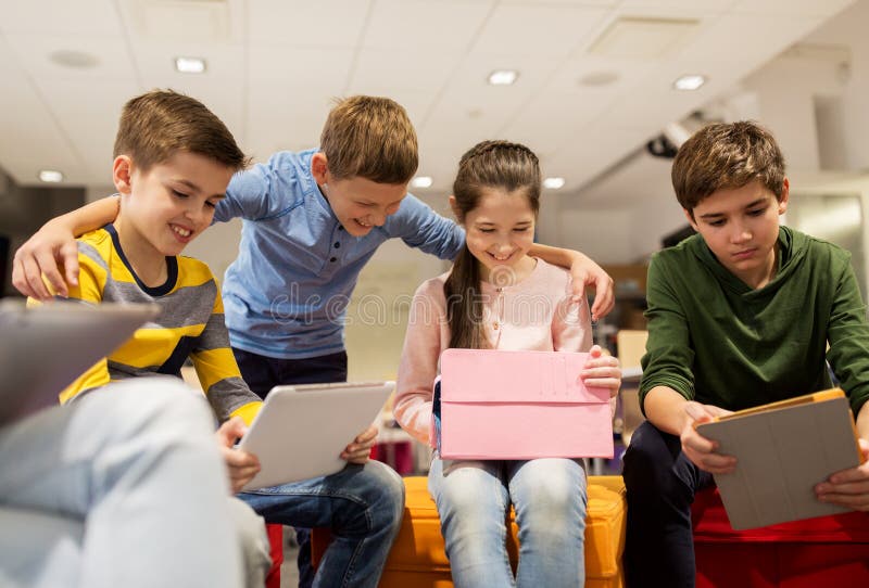 Group of Happy Children with Tablet Pc at School Stock Image - Image of ...