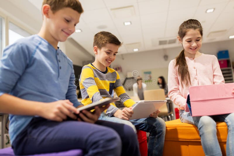Group of Happy Children with Tablet Pc at School Stock Image - Image of ...