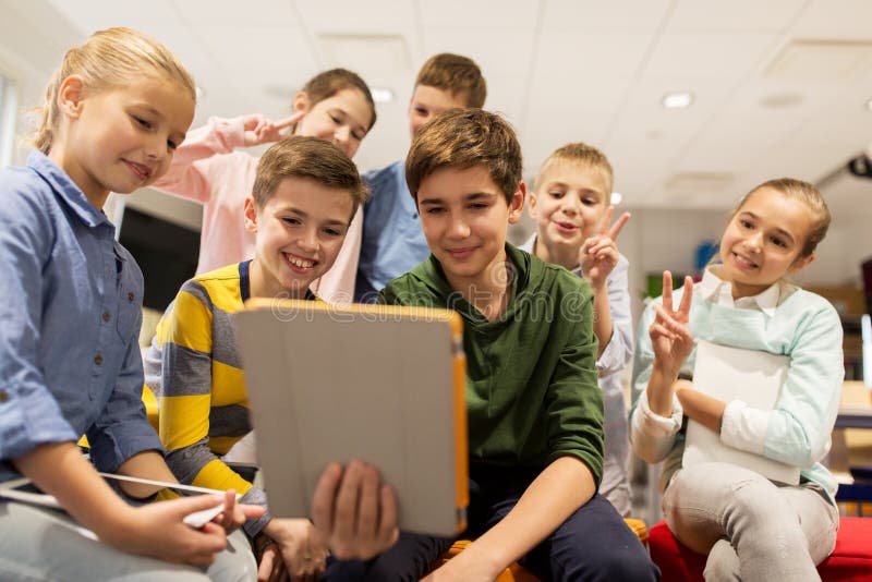 Group of Happy Children with Tablet Pc at School Stock Photo - Image of ...
