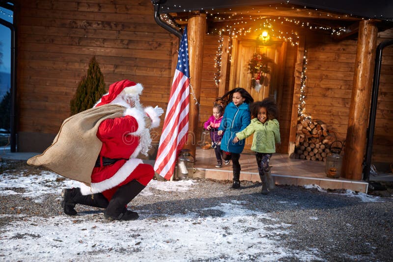 Group of Happy Children Welcome the Santa Claus Stock Photo - Image of ...