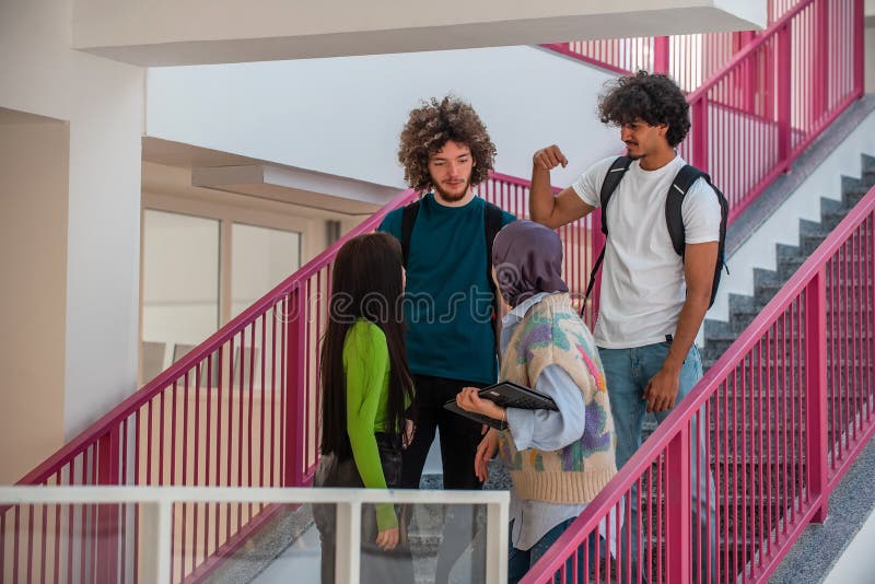 A Group of Happy Diverse College Students Hanging Out they are Talking ...