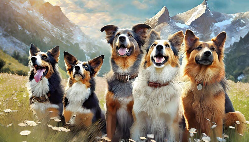 Group of happy dogs stock illustration. Illustration of breed - 313668066