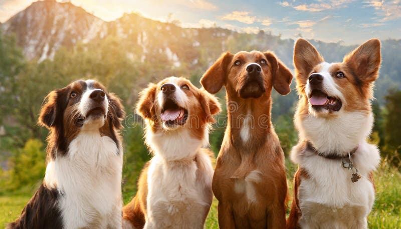 Group of happy dogs stock illustration. Illustration of side - 313668071