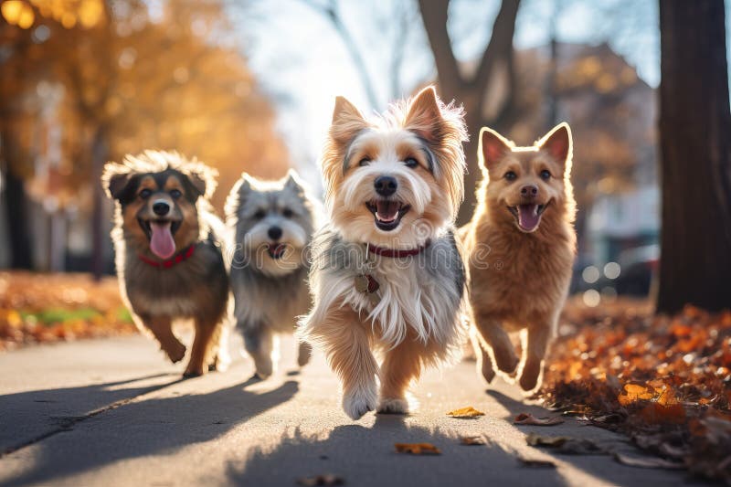 A Group of Happy Dogs Walks in the Fall. Stock Illustration ...