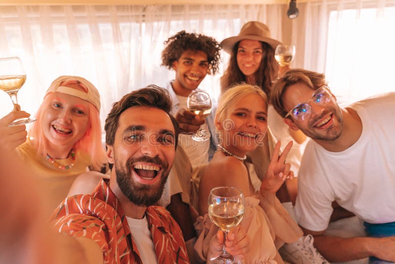 Group of Happy Friend Have a Trip with a Camper Stock Image - Image of ...