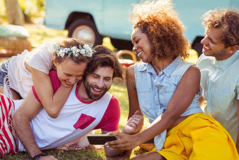 Group of Happy Friend Using Mobile Phone Stock Image - Image of ...