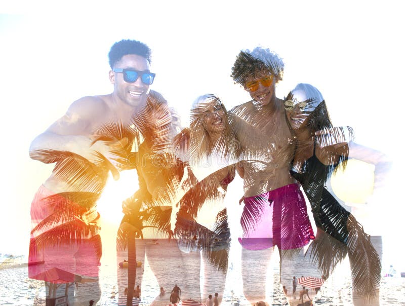 Group of Happy Friends Having Fun at Ocean Beach. Double Exposure Stock ...