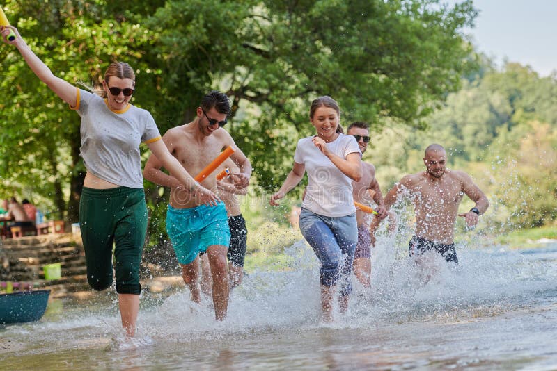 Group of Happy Friends Having Fun on River Stock Image - Image of ...