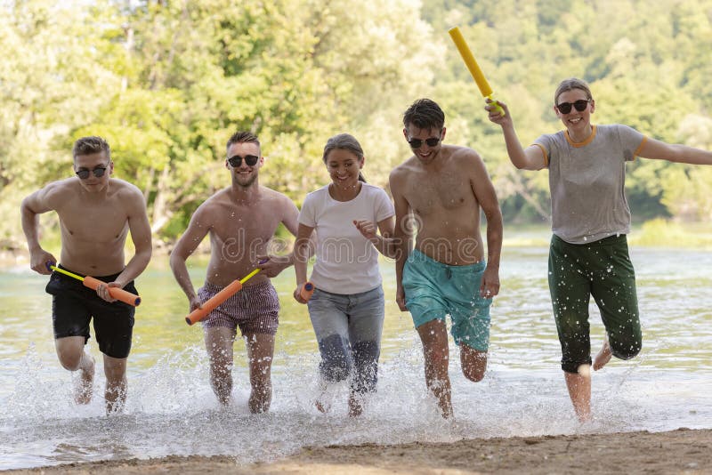 Group of Happy Friends Having Fun on River Stock Image - Image of ...