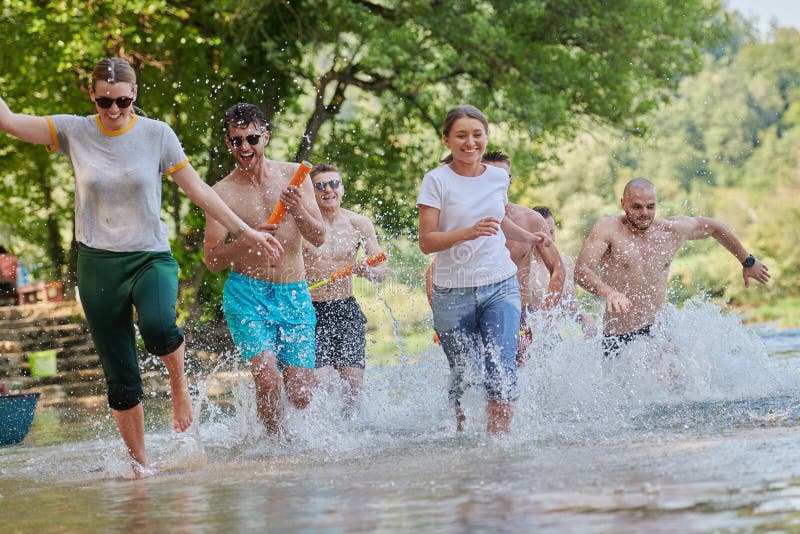 Group of Happy Friends Having Fun on River Stock Image - Image of ...