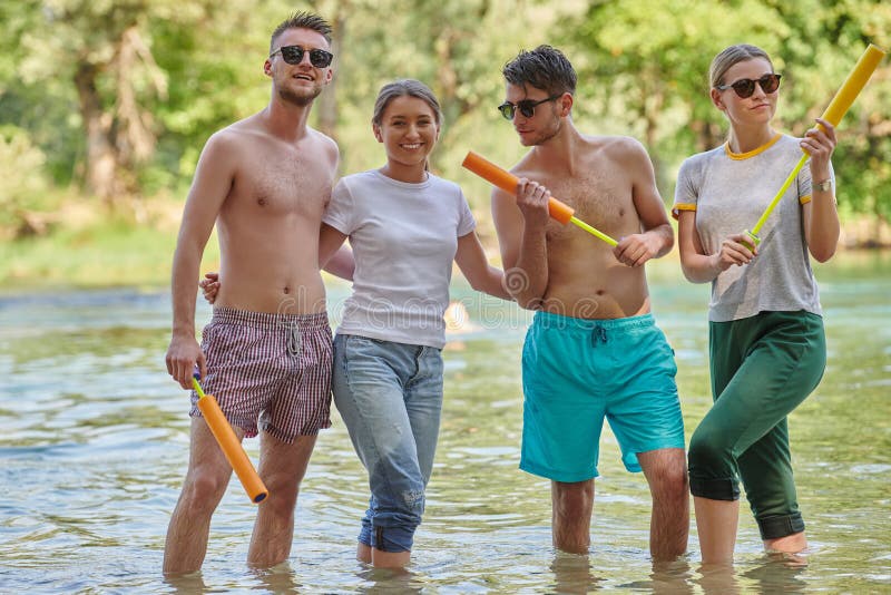 Group of Happy Friends Having Fun on River Stock Photo - Image of ...