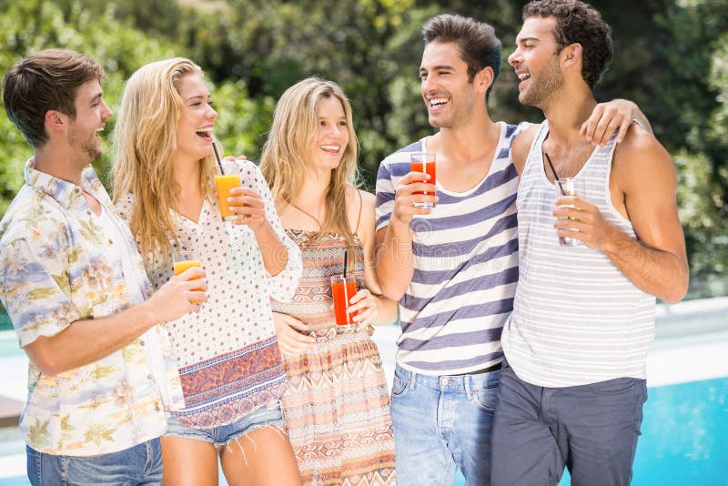 Group of Happy Friends Having Juice Near Pool Stock Image - Image of ...