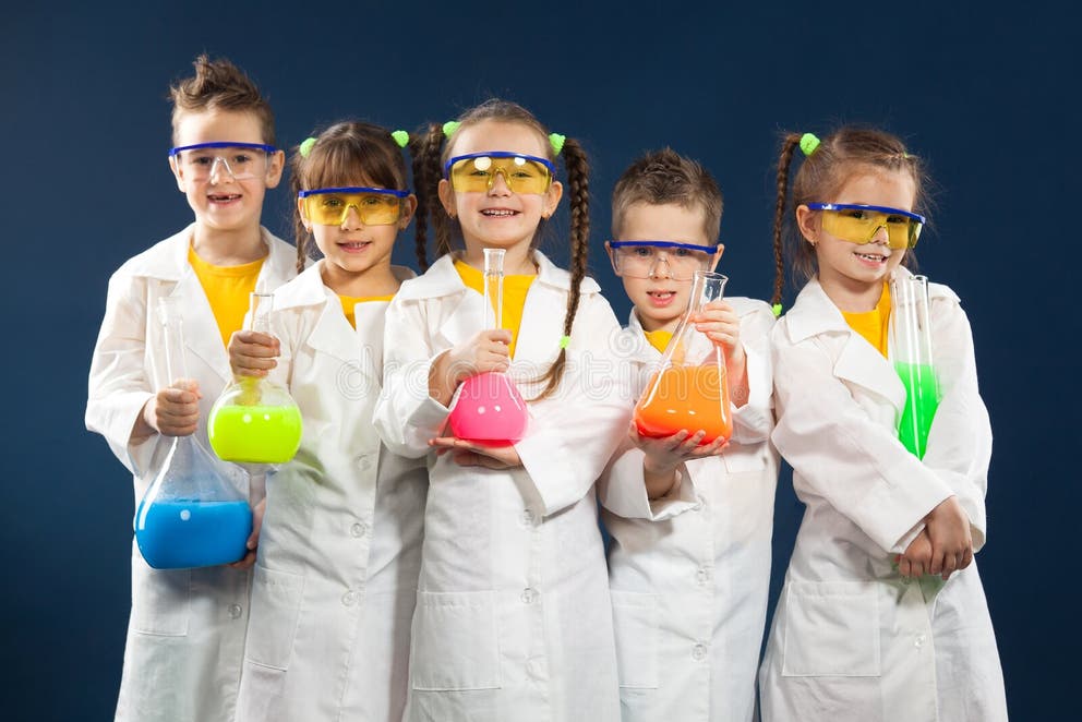 Group Happy Kids Doing Science Experiments in the Laboratory. Stock ...