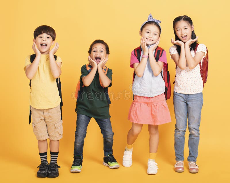 Group of Happy Kids Standing and Yelling Stock Photo - Image of little ...