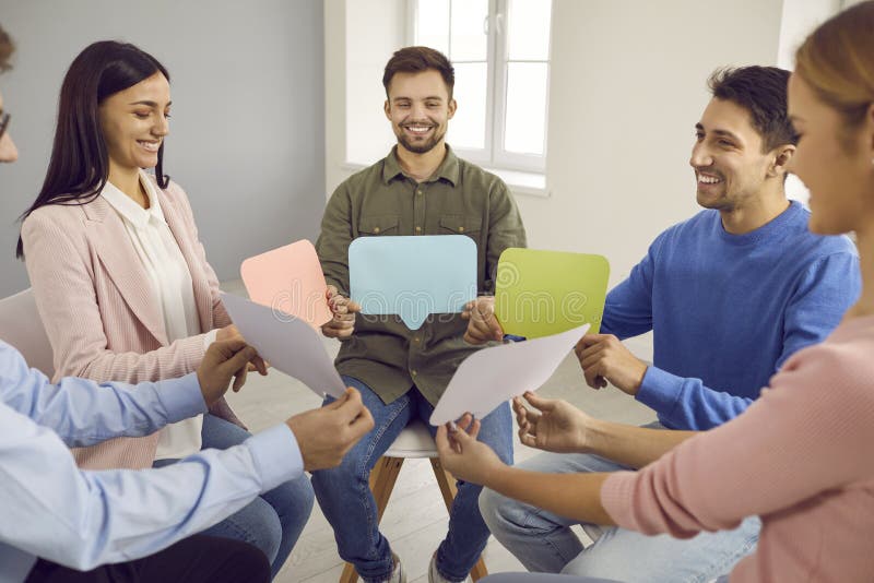 Group of Happy People with Speech Bubbles Talking during a Group ...