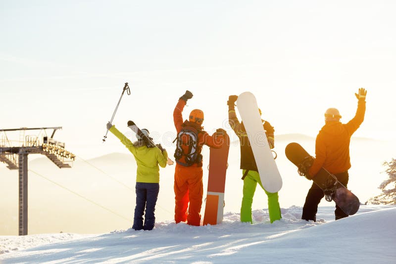 Snowboarders Group Relaxing and Enjoy Sun Stock Image - Image of face ...