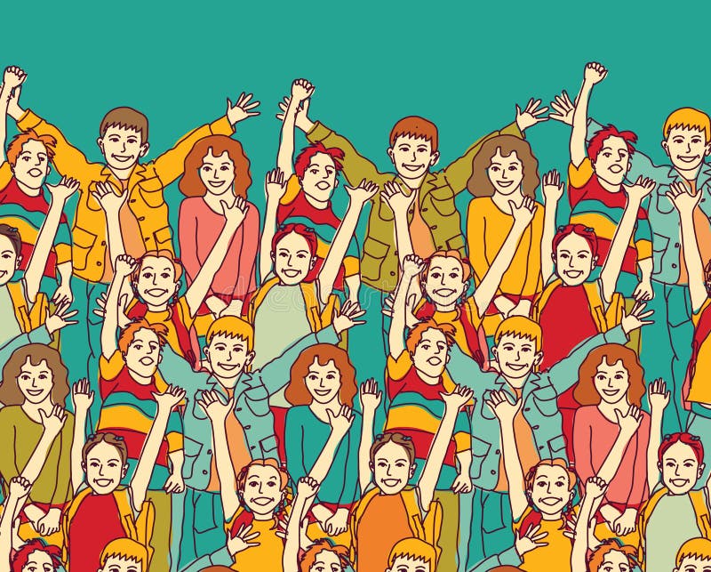 Group of Happy Smiling Children and Sky Outdoors. Stock Vector ...